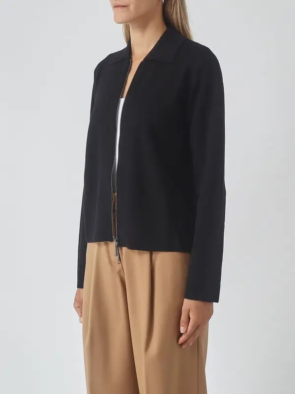 Max Mara Virgin Wool Zip Front Polo Cardigan - Black