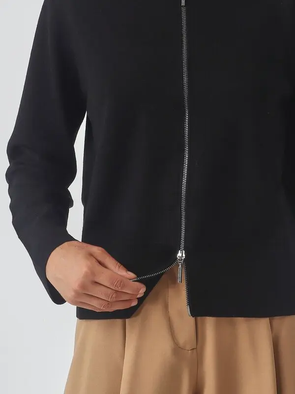 Max Mara Virgin Wool Zip Front Polo Cardigan - Black