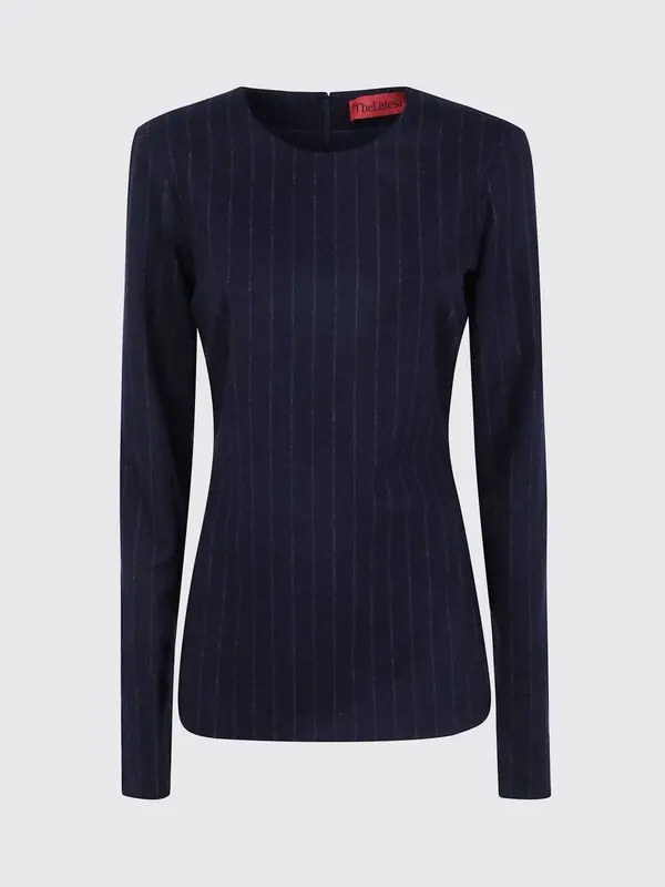 THELATEST Pinstriped Slim Fit Wool Blend Jumper With Back Zip Closure - Blue