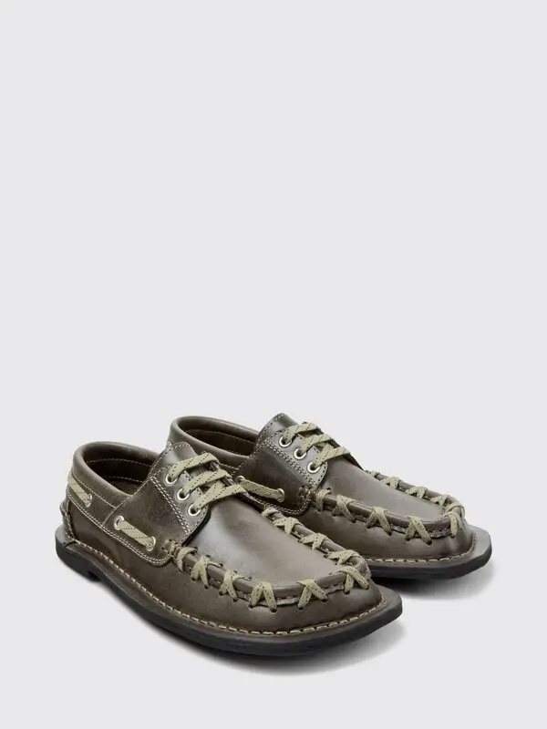 Camper Eki Leather Boat Shoes With Embroidery And Asymmetrical Toe - Grey
