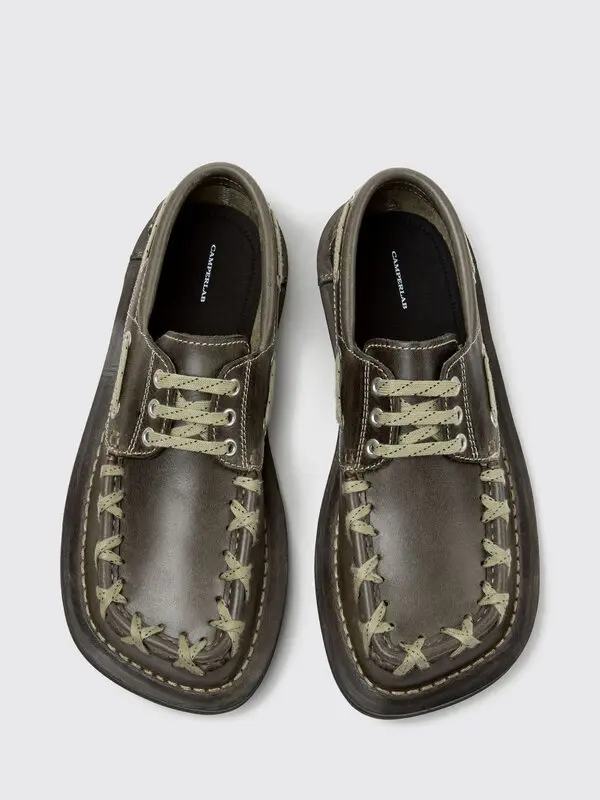 Camper Eki Leather Boat Shoes With Embroidery And Asymmetrical Toe - Grey