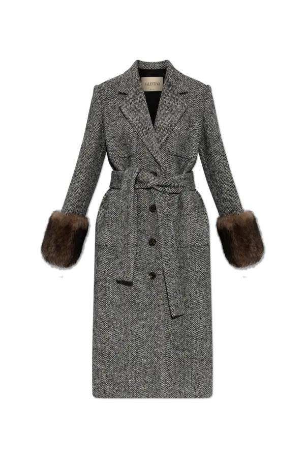 Valentino Garavani Wool Coat With A Herringbone Pattern - Grey
