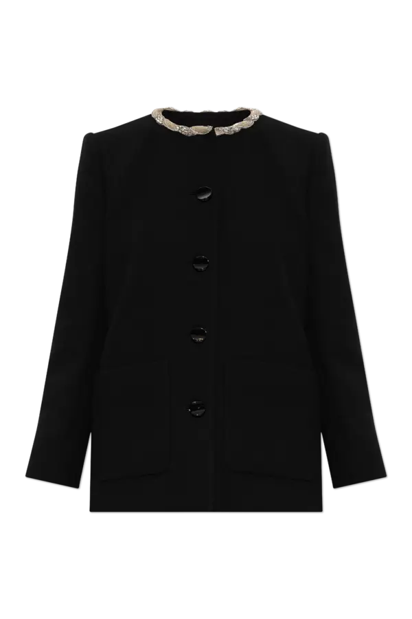 Valentino Garavani Wool Blazer With Embellished Neckline - Black