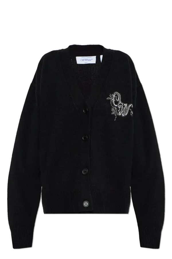 Off-White Cardigan With Decorative Embroidery - Black