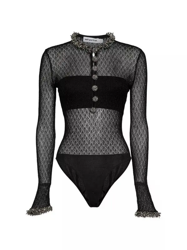 SELF-PORTRAIT Bead-embroidered Mesh Bodysuit - Black