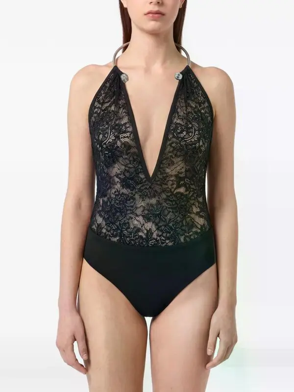 Philipp Plein Piercing Collar Open Back Bodysuit Monogram Strass