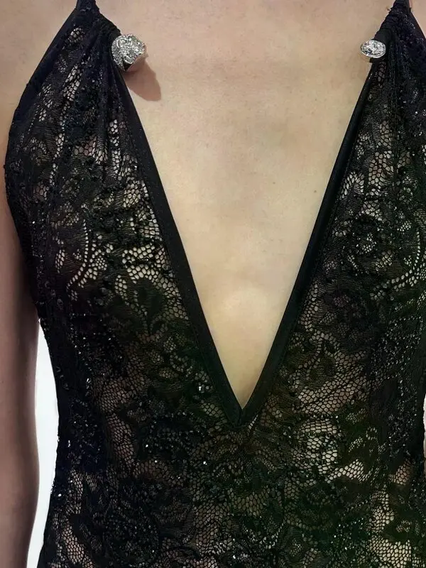 Philipp Plein Piercing Collar Open Back Bodysuit Monogram Strass