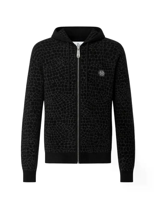 Philipp Plein Wool Cashmere Zip Hoodie With Crocodile Effect