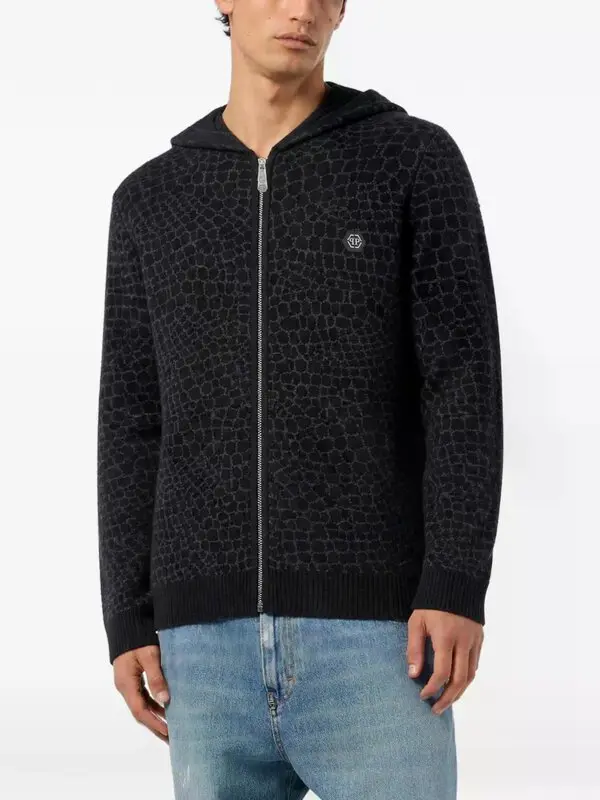 Philipp Plein Wool Cashmere Zip Hoodie With Crocodile Effect