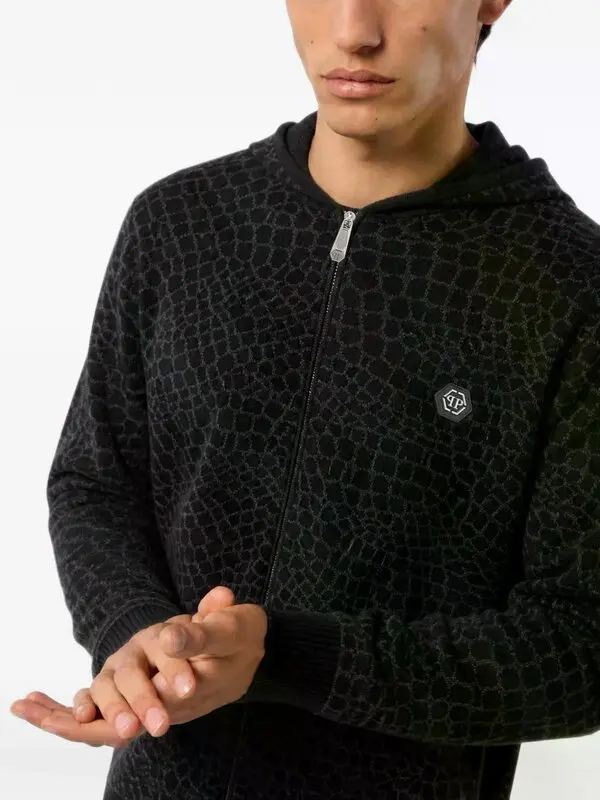 Philipp Plein Wool Cashmere Zip Hoodie With Crocodile Effect