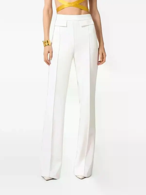 Elisabetta Franchi Trousers In Double Layer Stretch Crêpe Fabric With Embroidered Logo - White