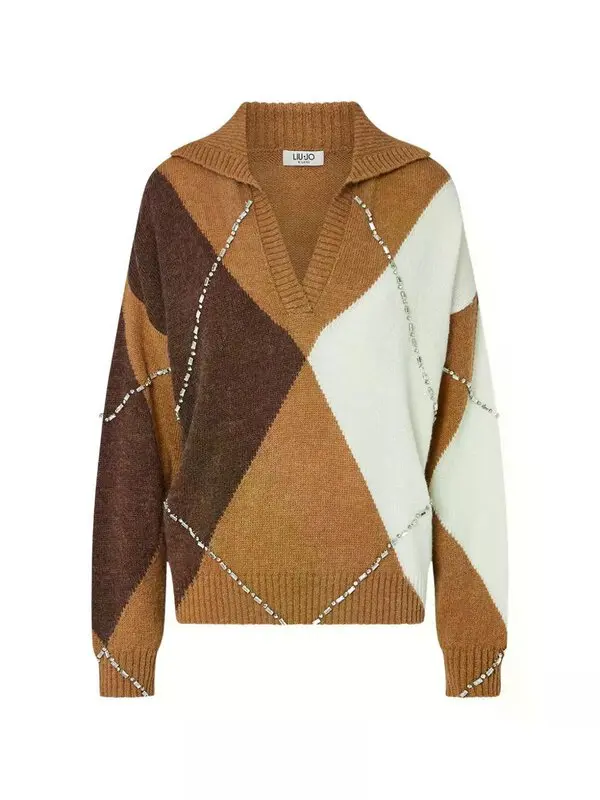 Liu Jo Argyle Knit Polo With Jewel Embroidery - Brown