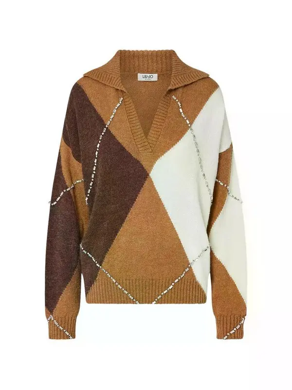 Liu Jo Argyle Knit Polo With Jewel Embroidery - Brown