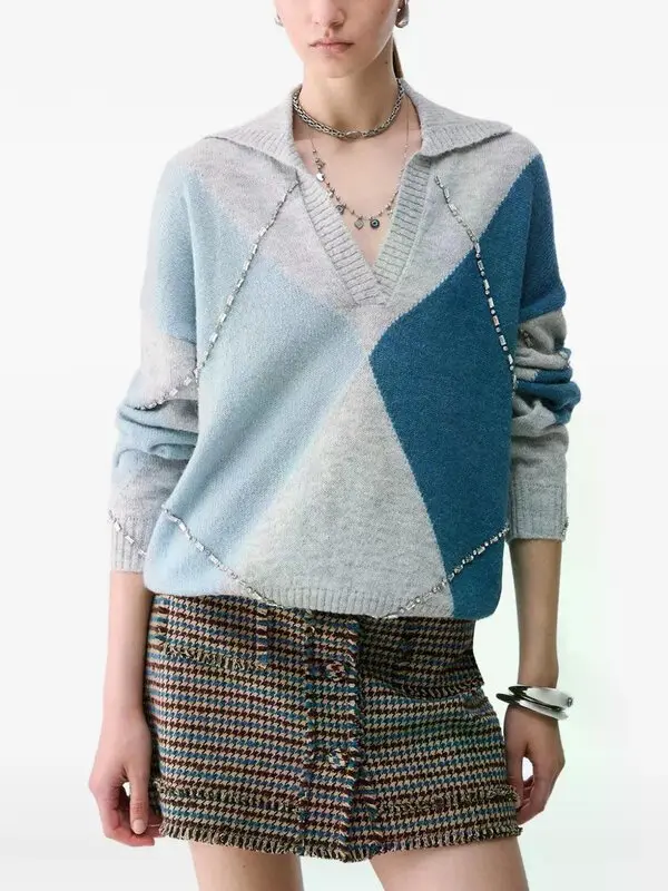 Liu Jo Argyle Polo With Jewel Embroidery - Grey