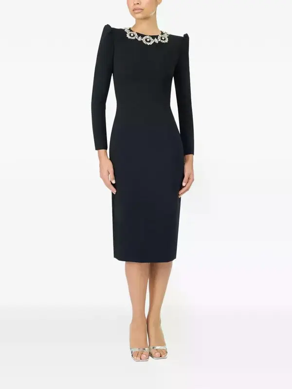 Jenny Packham Crystal Embellished Round Neck Long Sleeve Dress - Midnight Navy