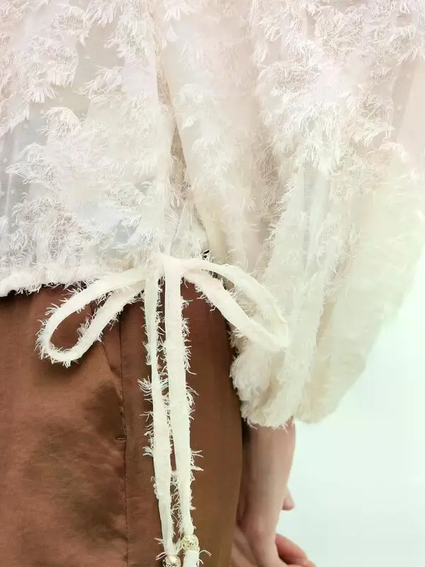 OUI Cream Fringed Puff-sleeve Blouse