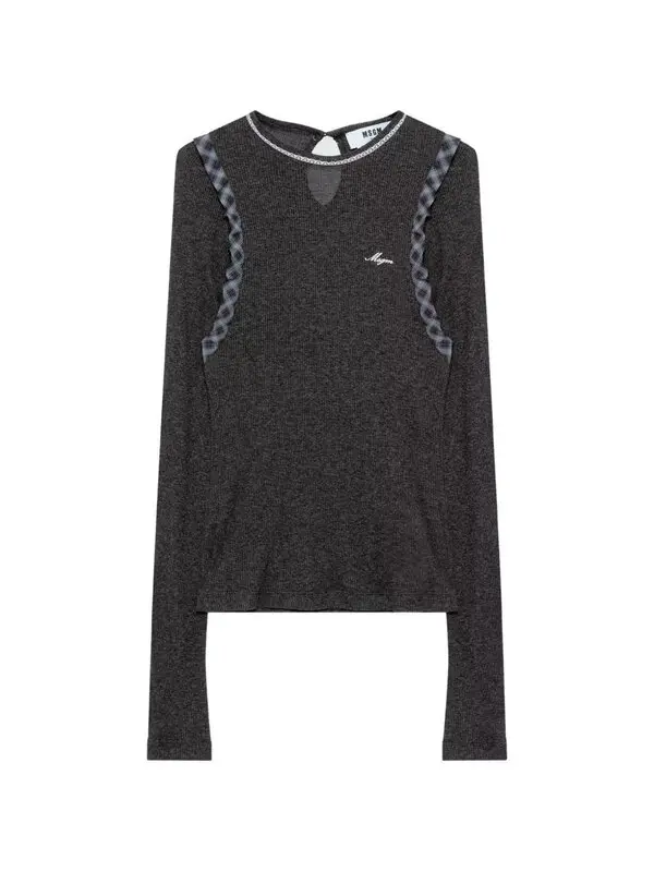 MSGM Long Sleeve T-shirt With Ruffled Trim And Embroidered Logo - Grey