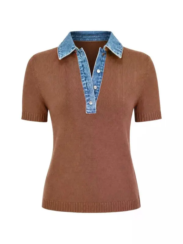 SEROYA Erika Denim-collar Polo Top - Brown