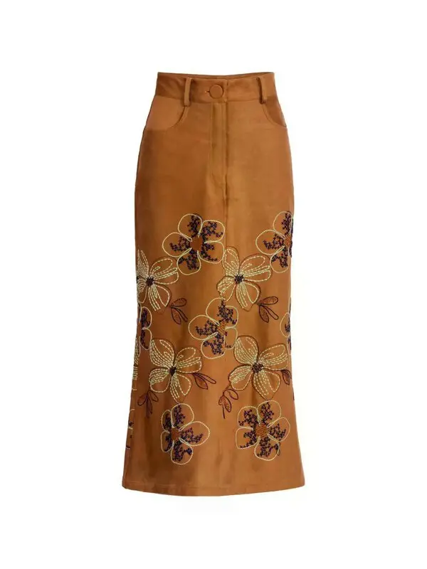 Silvia Tcherassi Layan Floral-embroidered Midi Skirt - Brown