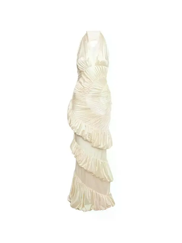 DATT Spiral Ruched Halter-neck Maxi Gown - Neutrals