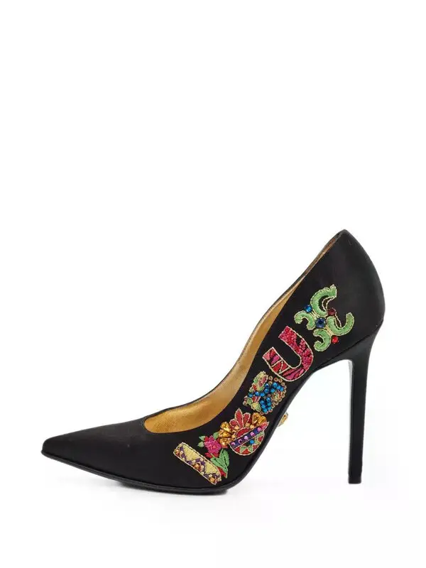 Versace Embroidered Pointed-toe Pumps - Black