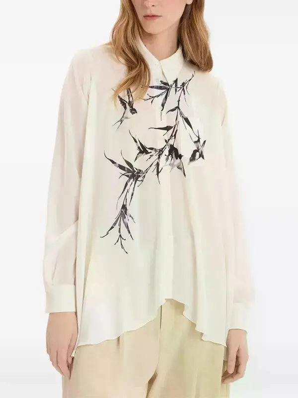 High Thank You Bird-ramage Printed Asymmetric-hem Shirt