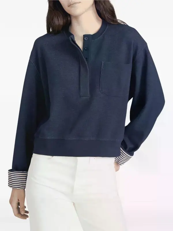 FRAME Stripe Cuff Henley Sweatshirt - Blue