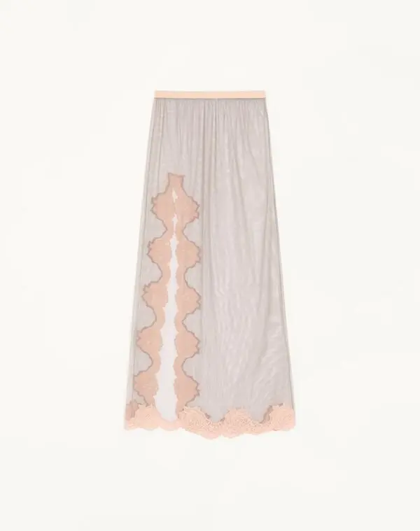 Valentino Garavani Long Skirt In Sheer Tulle - Grey/peach