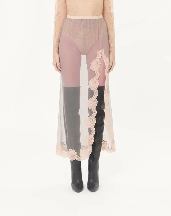 Valentino Garavani Long Sheer Tulle Skirt With Lace Hem - Grey/peach