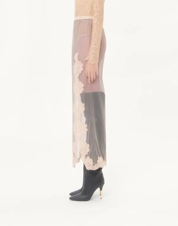 Valentino Garavani Long Sheer Tulle Skirt With Lace Hem - Grey/peach