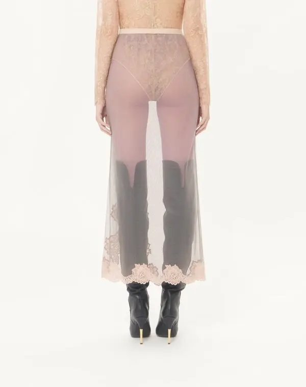 Valentino Garavani Long Sheer Tulle Skirt With Lace Hem - Grey/peach