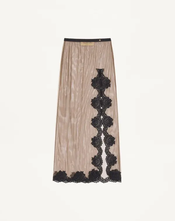 Valentino Garavani Long Skirt In Sheer Tulle - Olive Green/black