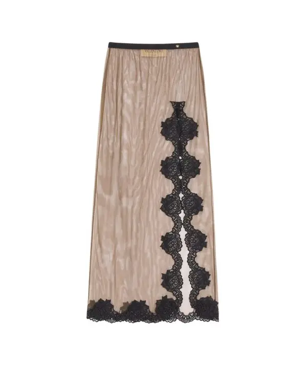 Valentino Garavani Long Sheer Tulle Skirt With Lace Hem - Olive Green/black