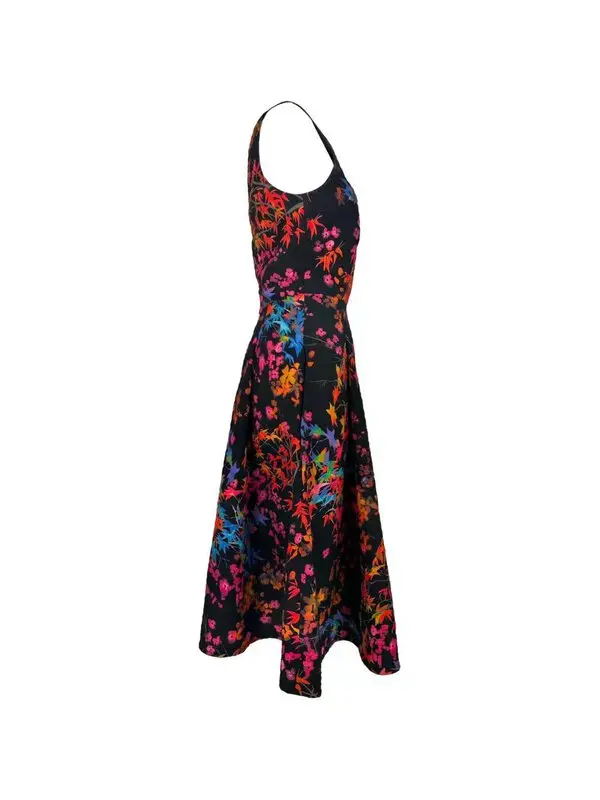 Saloni Floral Print V-neck Sleeveless Midi Dress - Black