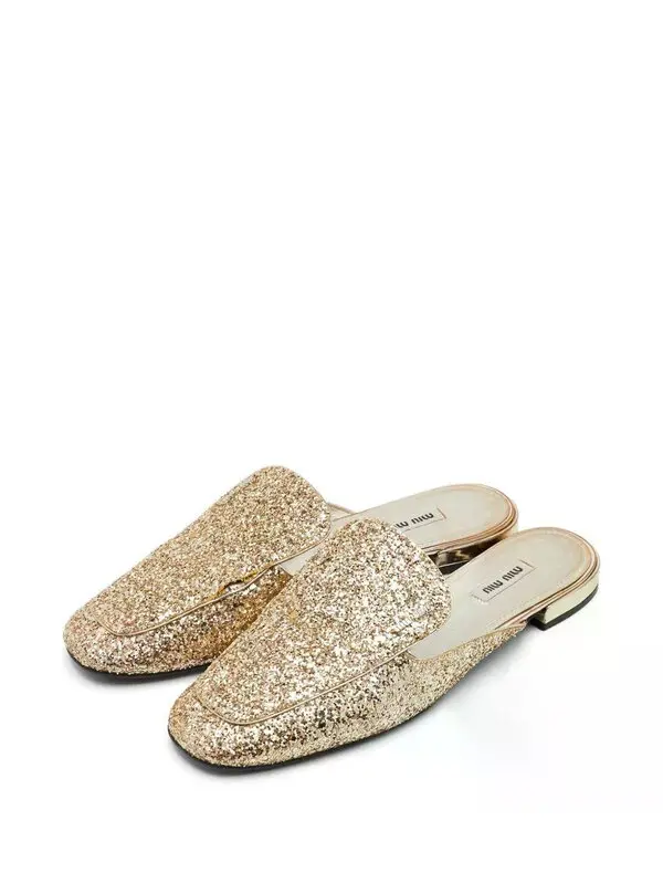 Miu Miu Glitter Detail Square Toe Flat Mules - Gold