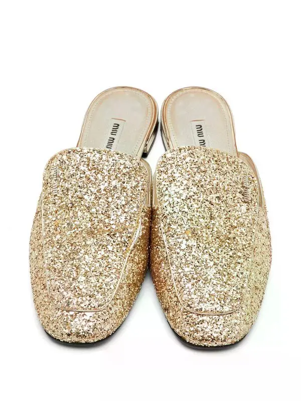 Miu Miu Glitter Detail Square Toe Flat Mules - Gold