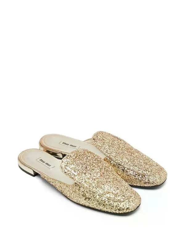 Miu Miu Glitter Detail Square Toe Flat Mules - Gold