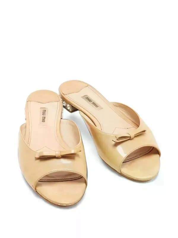 Miu Miu Patent Leather Bow Detail Embellished Heel Slides