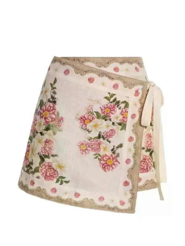 Agua Bendita Luna Paraiso Floral-print Linen Asymmetric Skirt - Neutrals