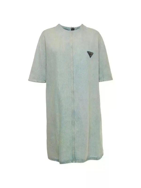 Prada Triangle Logo Washed Denim Shirt Dress - Blue