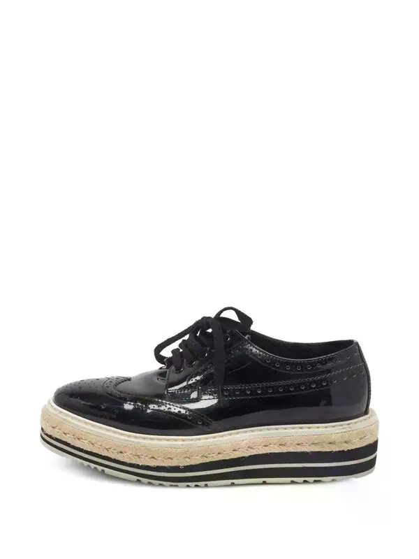 Prada Patent Leather Brogue Platform Lace-up Espadrille Shoes - Black
