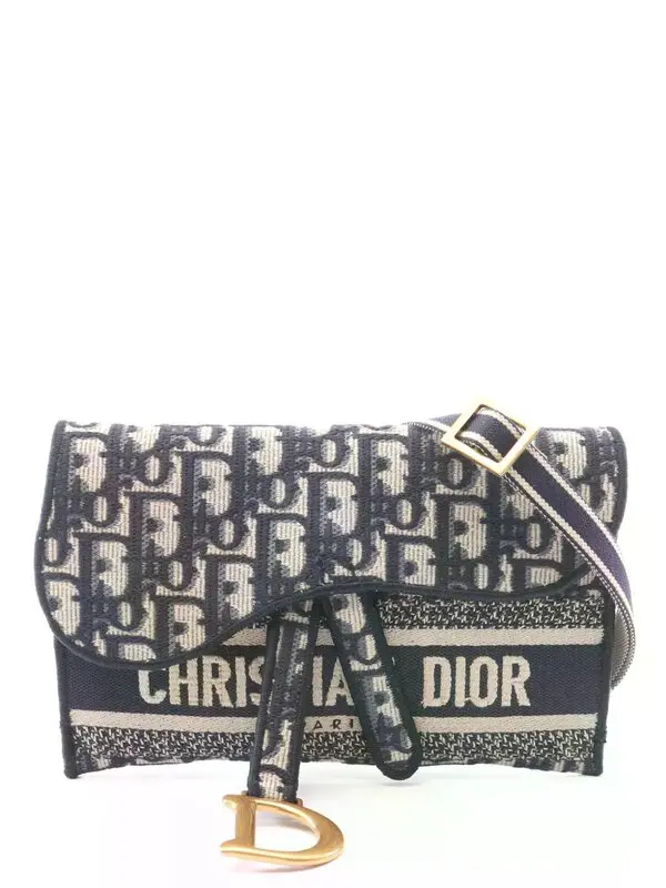 Dior 2015-2026 Oblique Canvas Embroidered Saddle Slim Pouch Belt Bag - Blue