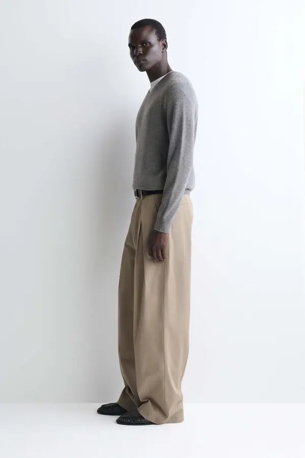 Cos Pleated Cotton Relaxed-fit Wide-leg Pants - Beige