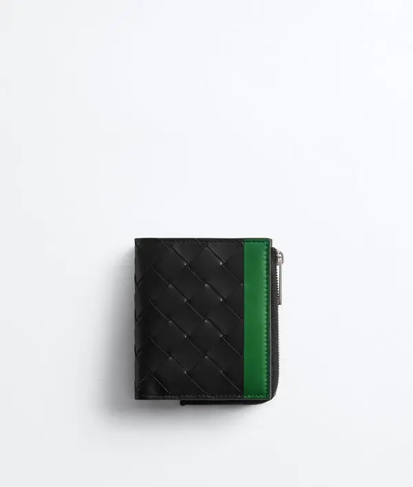 Bottega Veneta Intrecciato Small Bi-fold Wallet - Black/shamrock