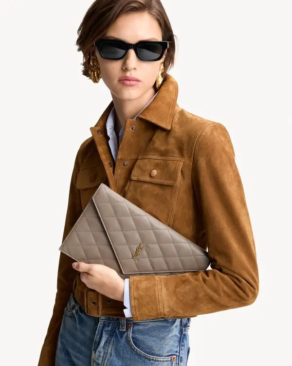 Saint Laurent Paris Pouch In Grain De Poudre Leather In Beige