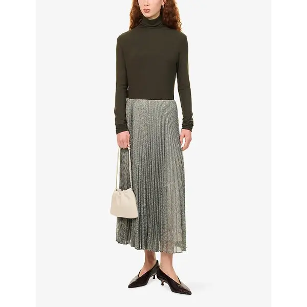 Vince Houndstooth-print Pleated Woven Midi Skirt