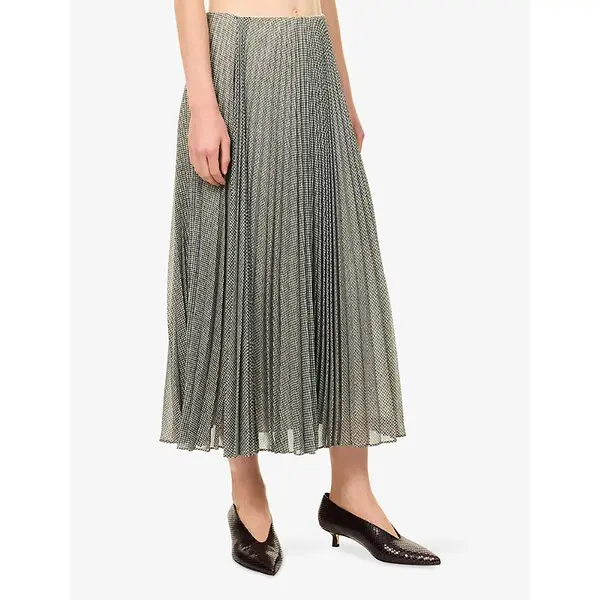 Vince Houndstooth-print Pleated Woven Midi Skirt