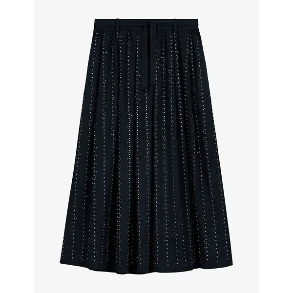 Maje Flared Rhinestone-embellished Stretch Cotton-blend Midi Skirt - Navy