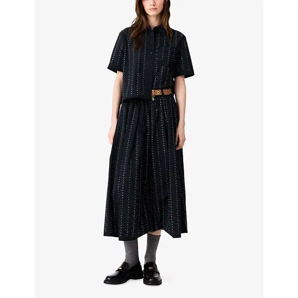 Maje Flared Rhinestone-embellished Stretch Cotton-blend Midi Skirt