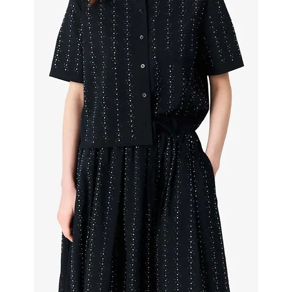 Maje Flared Rhinestone-embellished Stretch Cotton-blend Midi Skirt
